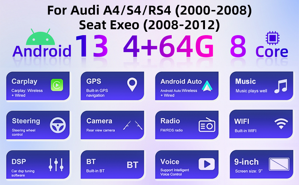 Amazon.com: 8 Core Car Radio for Audi A4 S4 RS4 2002 2003-2008 - 9 inch Android 13 Stereo with ...