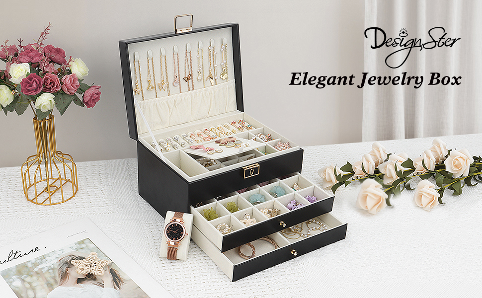Amazon.com: DesignSter Jewelry Box,Jewelry Organizer with 2 Drawers, 3 Layers Leather Jewelry ...
