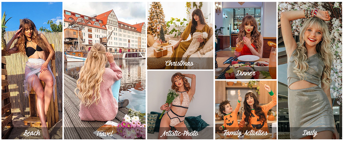 Amazon.com : NAYOO Long Brown Wigs with Bangs for Women Curly Wavy Hair Wigs Heat Resistant ...