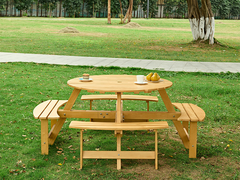 Amazon.com : JOYBASE 8-Person Wooden Picnic Table, Outdoor Round Table with Built-in Benches and ...