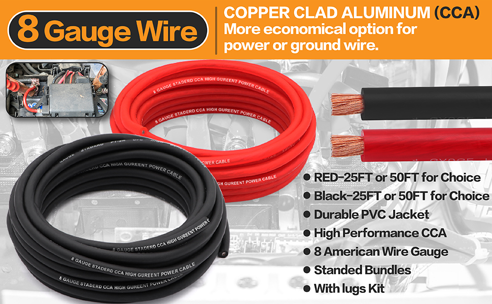 Taukealugs 8 Gauge Wire Copper Clad Aluminum CCA 50FT Black/Red with 8ga lugs,60A Fuse Holder ...
