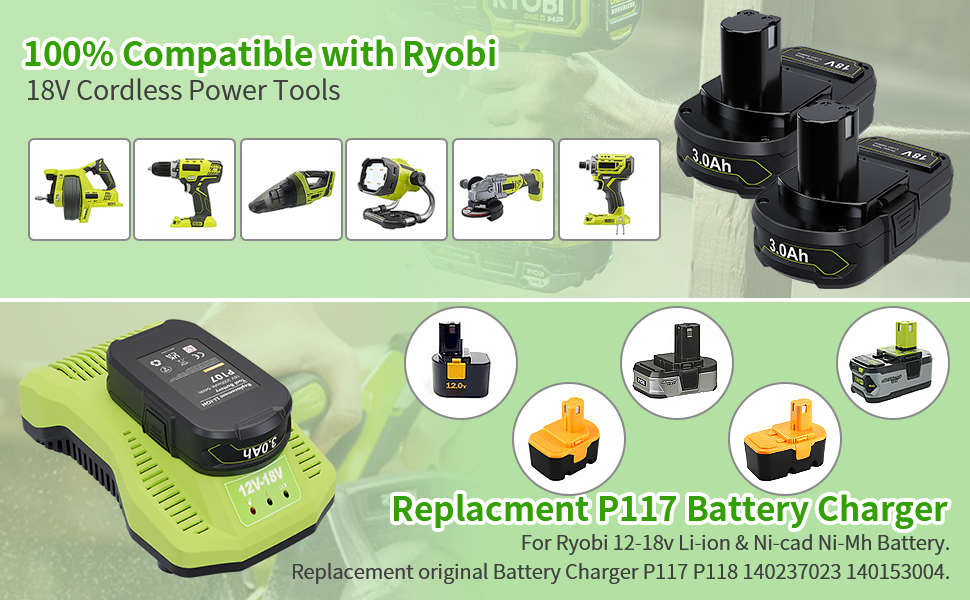 Amazon.com: Bonacell 2Pack 3.0Ah Replacement for Ryobi 18V Battery and Charger Combo, Compatible ...