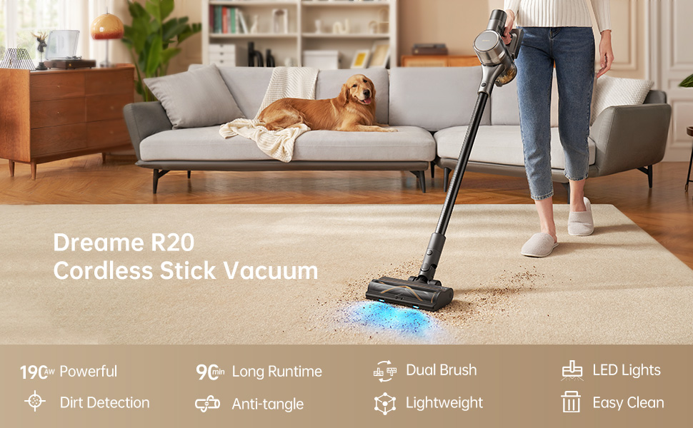 Dreame R20 Cordless Stick Vacuum Cleaner with Dual Brush Head, 90 Mins Max Runtime, 190AW ...