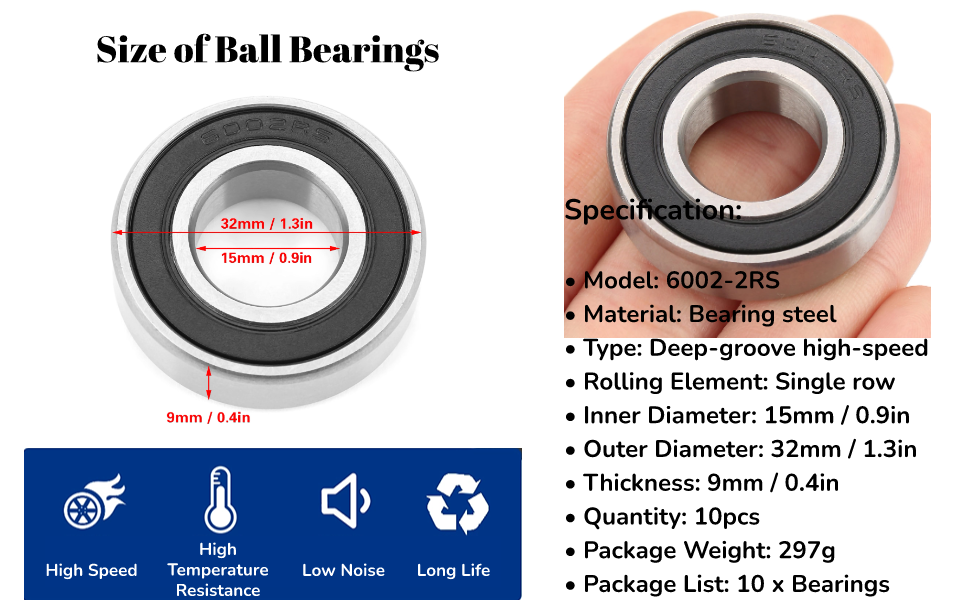 10 stücke Kugellager 6002-2RS Gummi Versiegelt Rillenkugellager 15mm x 32mm x 9mm : Amazon.de ...