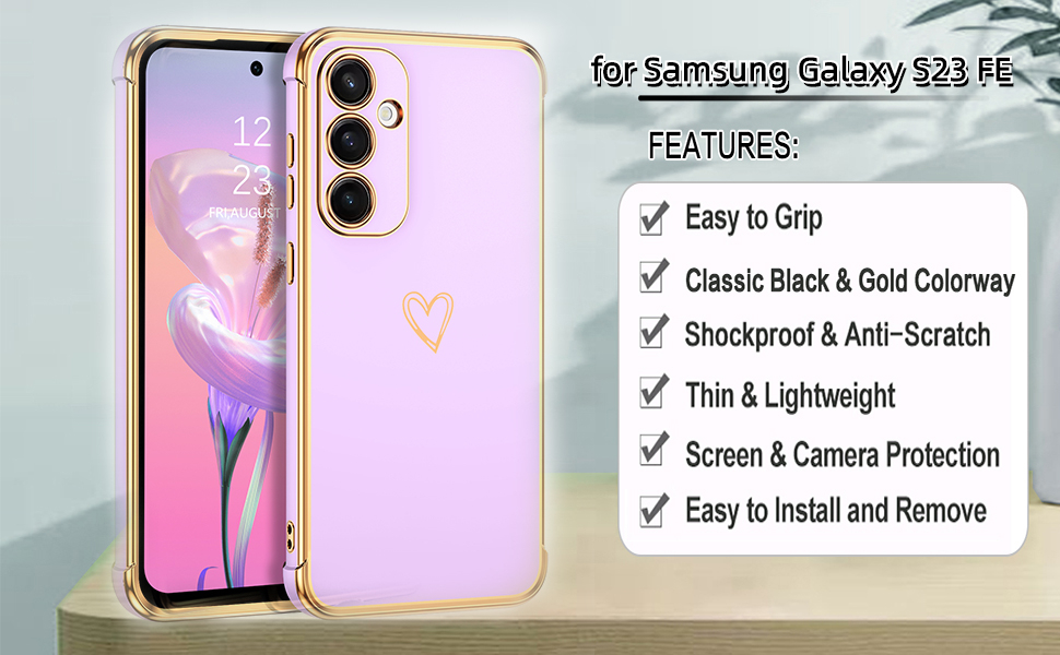 GUAGUA Case for Samsung Galaxy S23 FE Plating Cover Cute Heart Pattern Soft TPU with Camera ...