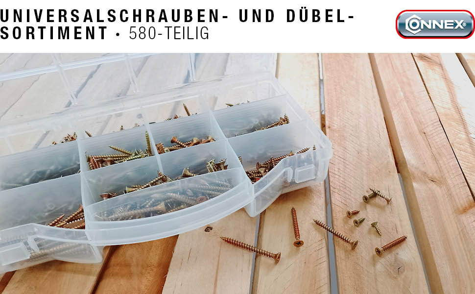 Connex Universalschrauben- und Dübel-Sortiment 580-teilig - Diverse Größen - Senkkopf - TX ...