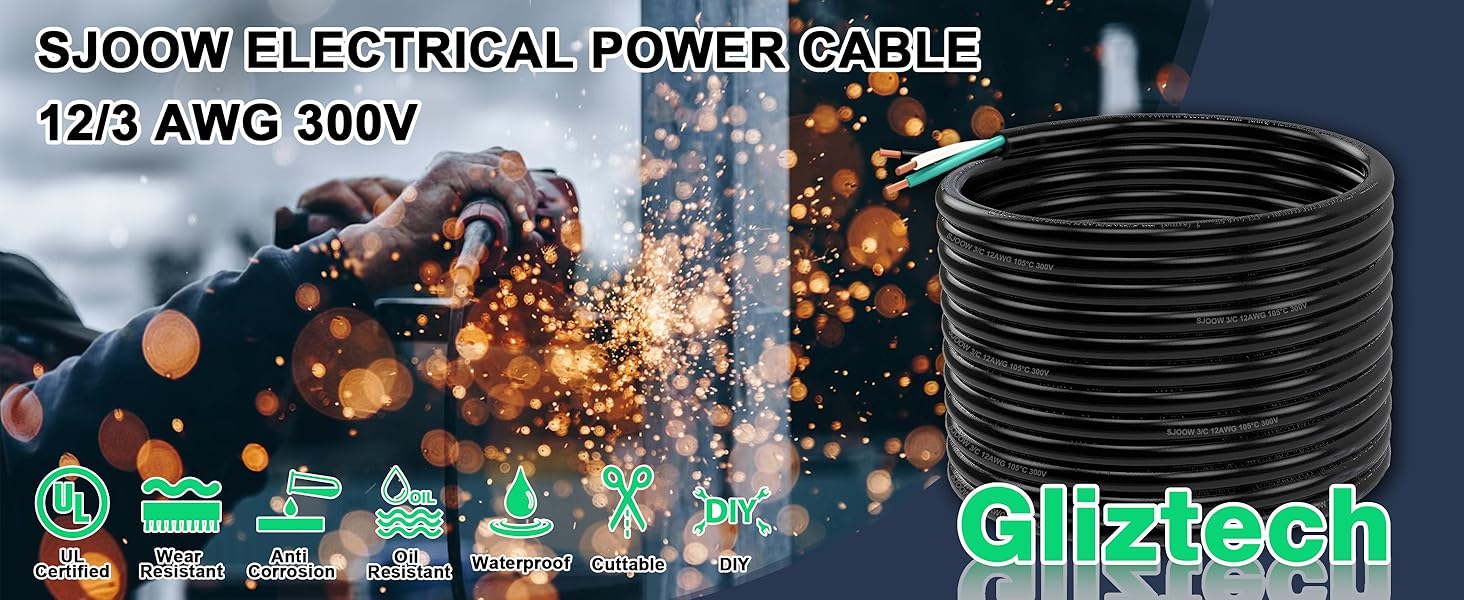 Amazon.com: Gliztech 12/3 AWG Portable Power Cable 100 ft, SJOOW 300V 12 Gauge Electric Wire, 3 ...