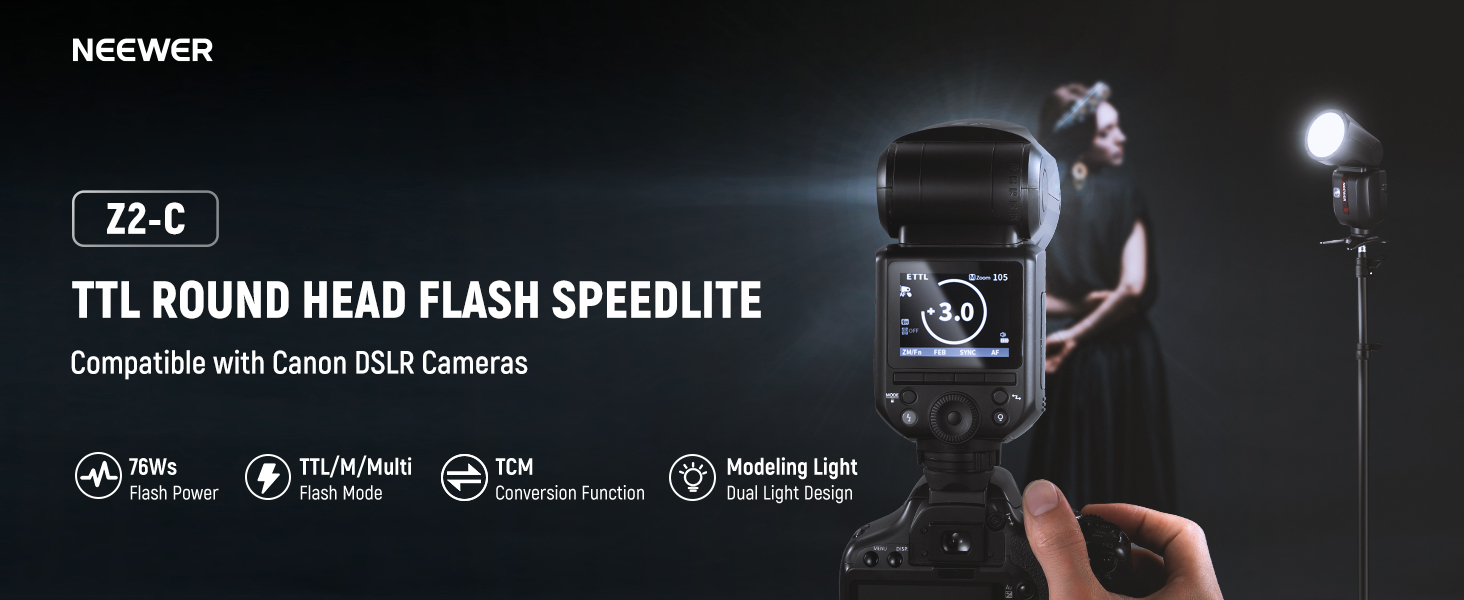 Amazon.com : NEEWER Z2-C 2.4G TTL Round Head Flash Speedlite for Canon, Upgraded UI, 2 ...