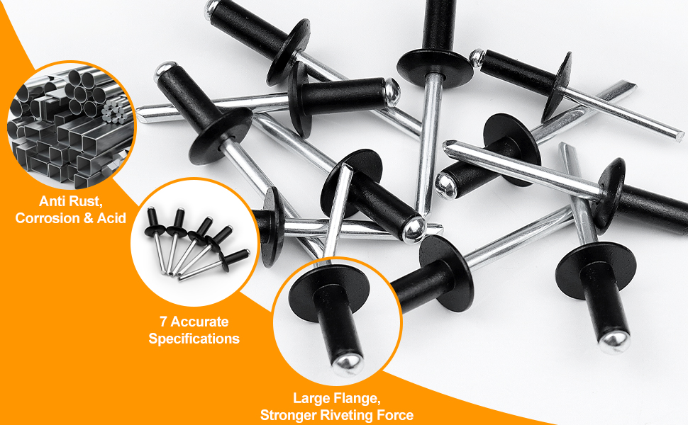Amazon.com: 200PCS Black Pop Rivets Assortment Kit, 7 Sizes 1/8" 3/16" 1/4" Rivets, Large Flange ...