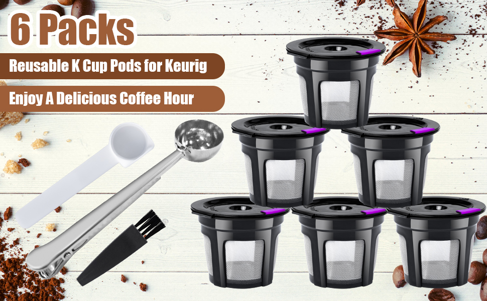 Reusable K Cups, 6 Pack Universal Compatible with Keurig Reusable Coffee Pods, Refillable Kcups ...