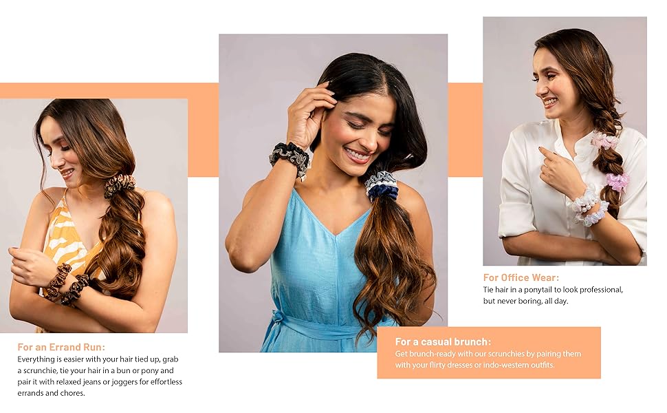 Hair Drama Co. Neutral Scrunchies for Women Set of 5 with Traveller Bag| Large Satin Scrunchies ...