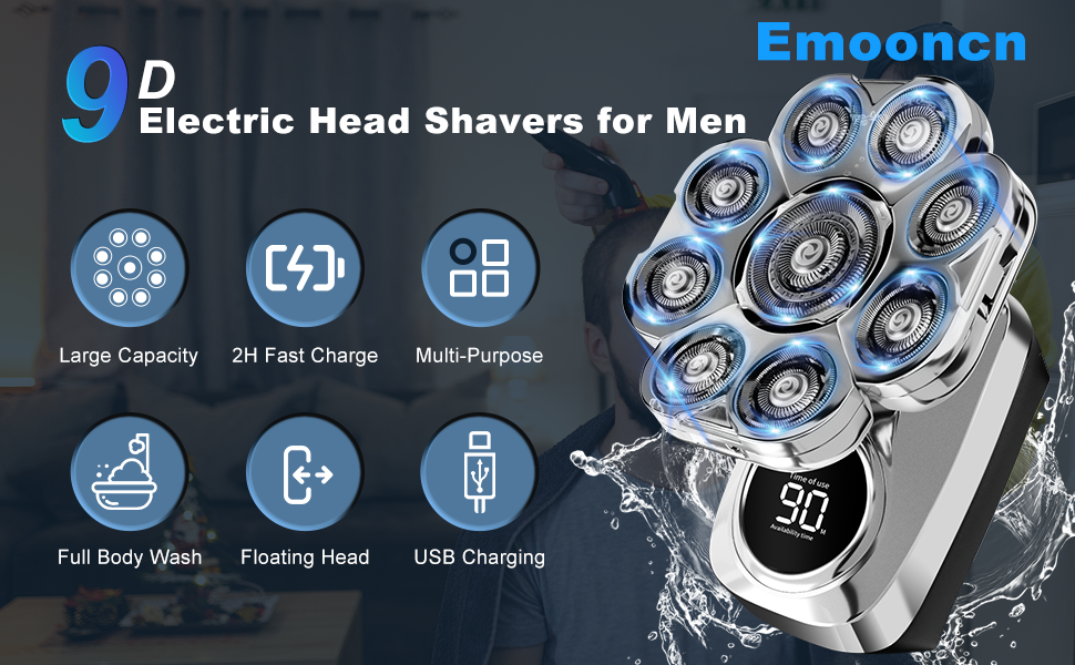 Emooncn 9D Head Shavers for Men, 10 in 1 Electric Head Shavers for Bald Men Cordless Electric ...