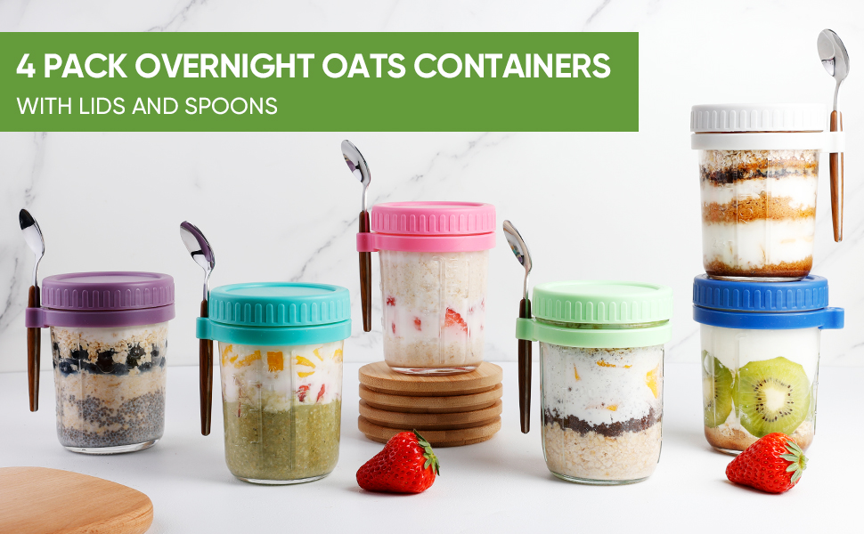 Amazon.com: 4 Pack Overnight Oats Containers with Lid and Spoons, 16 Oz Overnight Oats Jars ...