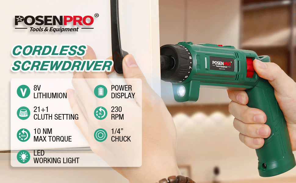 POSENPRO Cordless Screwdriver, 8V Max 10Nm Electric Screwdriver Rechargeable Set with 82 ...