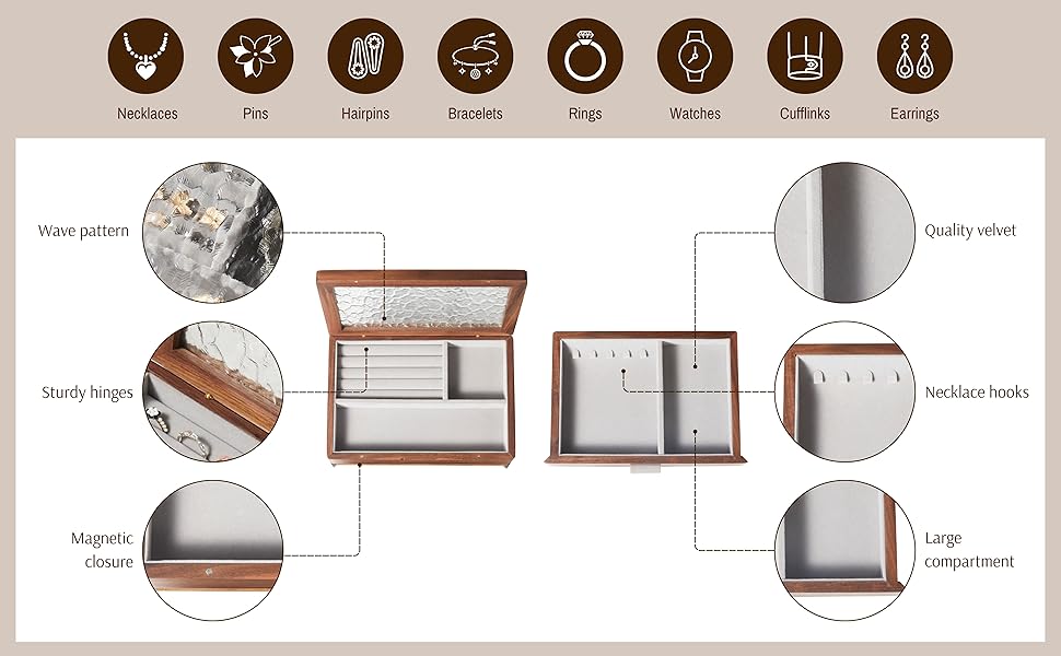 EURIELK Wooden Jewelry Box, Large Size Case, Natural Solid Walnut Wood Vintage Trinket Organizer ...