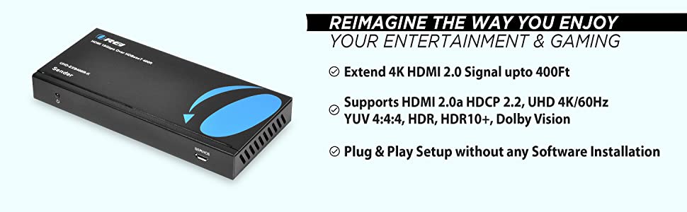 4K HDMI Extender Balun by OREI - HDBaseT UltraHD 4K @ 60Hz 4:4:4 Over Single CAT5e/6/7 Cable ...