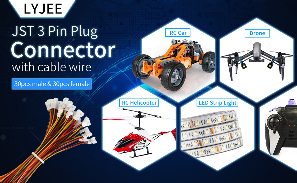 LYJEE 30 Pairs 1.25mm JST 3 Pin Micro Electrical Male and Female Connector Plug for LED Light ...