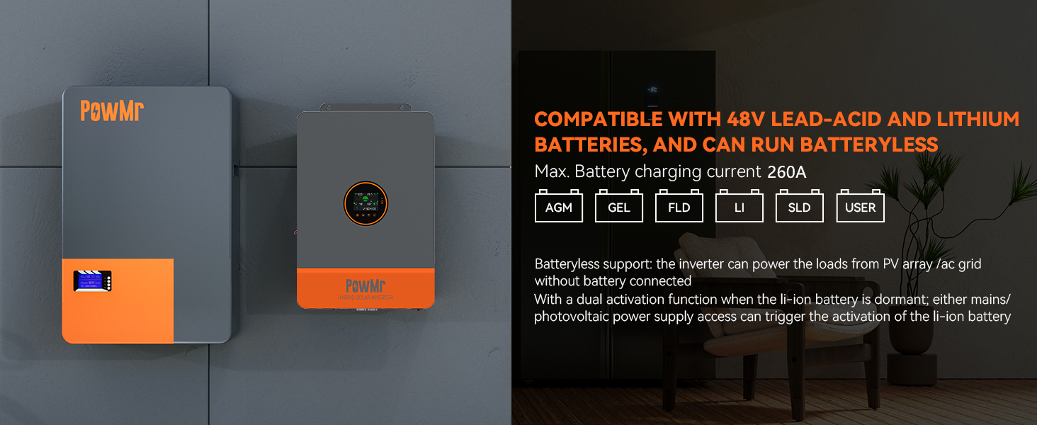 PowMr inverter ibrido 12kw 48V DC to 230/400V AC, 12kw inverter solare ibrido 48v trifase ...