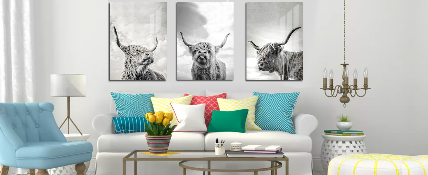 Amazon.de: LXTOPN Hochlandrind Leinwand Bilder, highland cow bild, 3er Set Schwarz-Weiß hochland ...