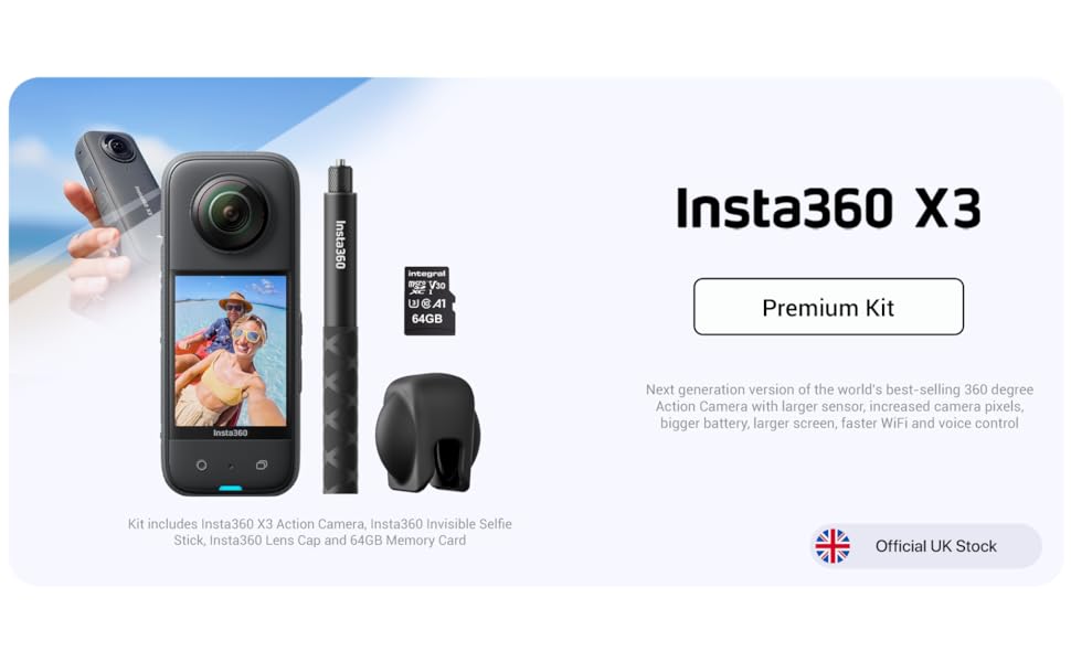 Insta360 X3 360 Degree Action Camera PREMIUM Kit includes Invisible Selfie Stick + Lens Cap ...