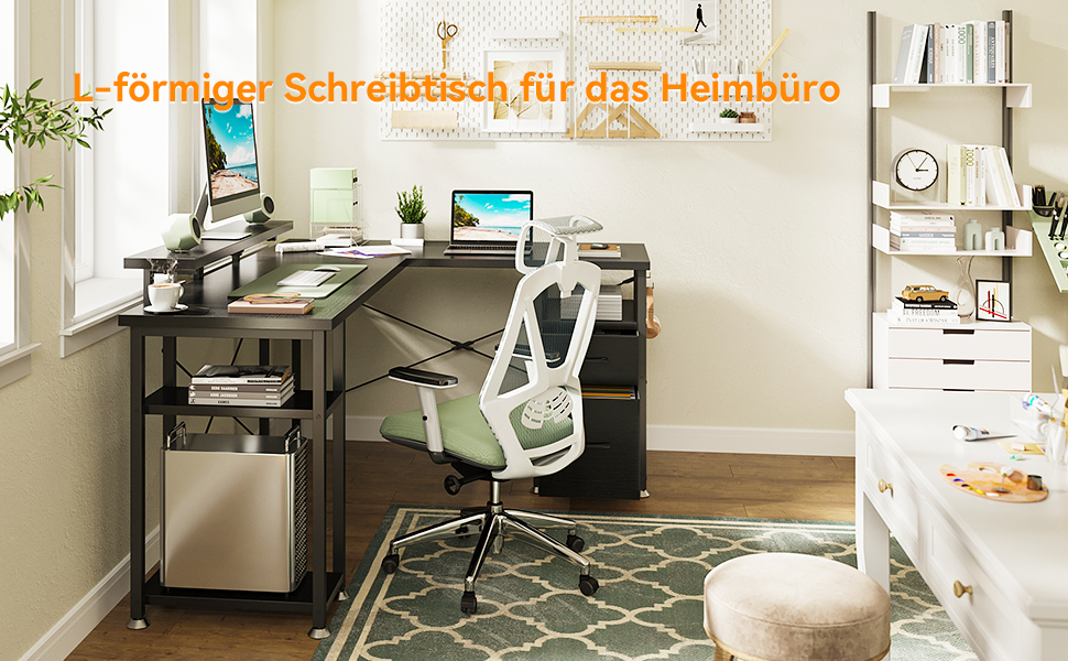 ODK Schreibtisch L Form mit Ablagefächern, Computertisch 168×120 cm mit Schublade ...