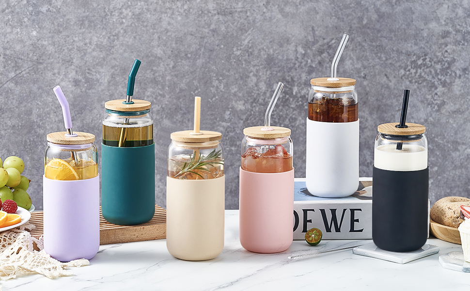 Amazon.com: WillCome 20oz Glass Cups with Lids and 3 Types of Straws ...