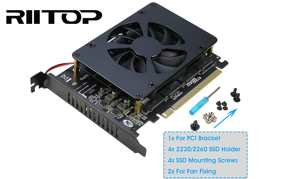 Quad NVMe PCIe Adapter, RIITOP 4 Ports M.2 NVMe SSD to PCI-e 4.0/3.0 x16 Card with Fan Support ...