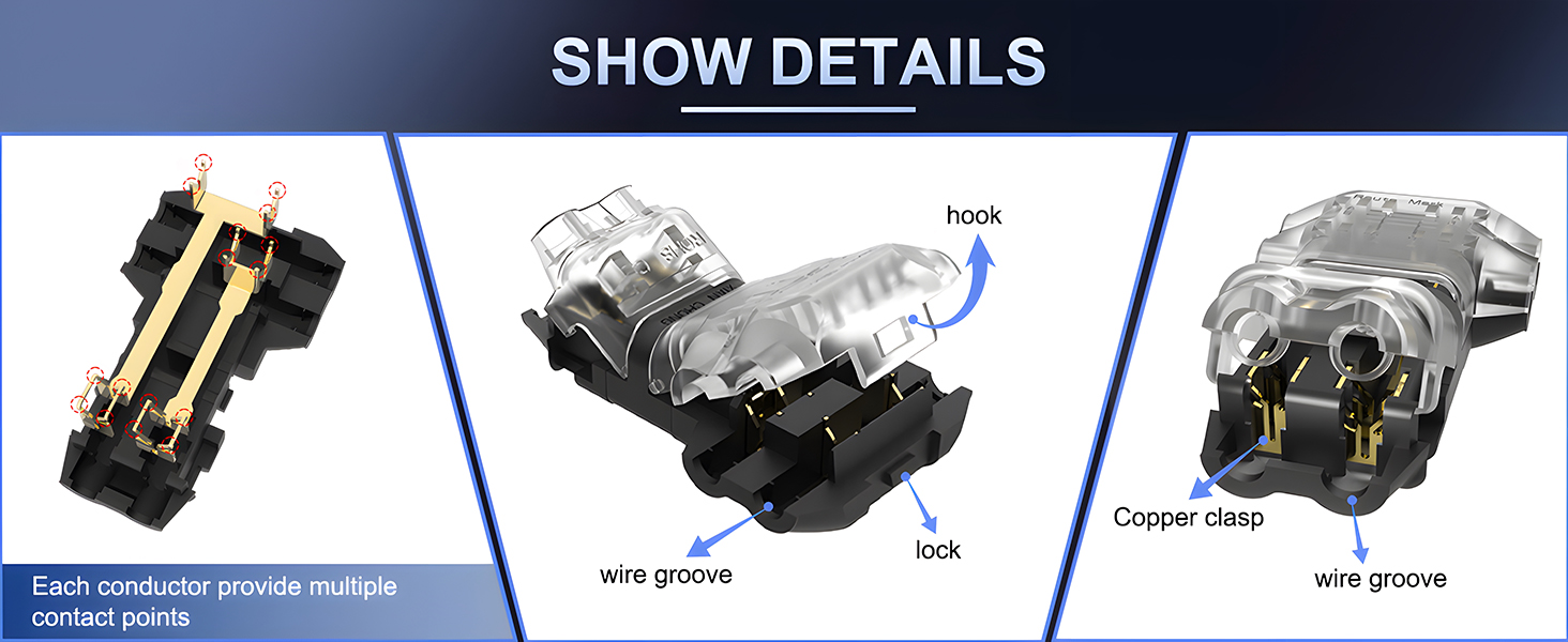 VISDOLLT Tap Wire Splitter Connectors 3 Way 2 Pin Low Voltage Wire Connectors for 16-20 AWG ...