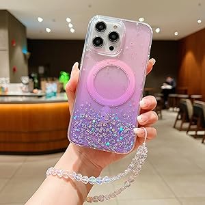 Amazon.com: Casus Magnetic Clear Glitter Designed for iPhone 14 Pro Max Case Wrist Strap Bling ...