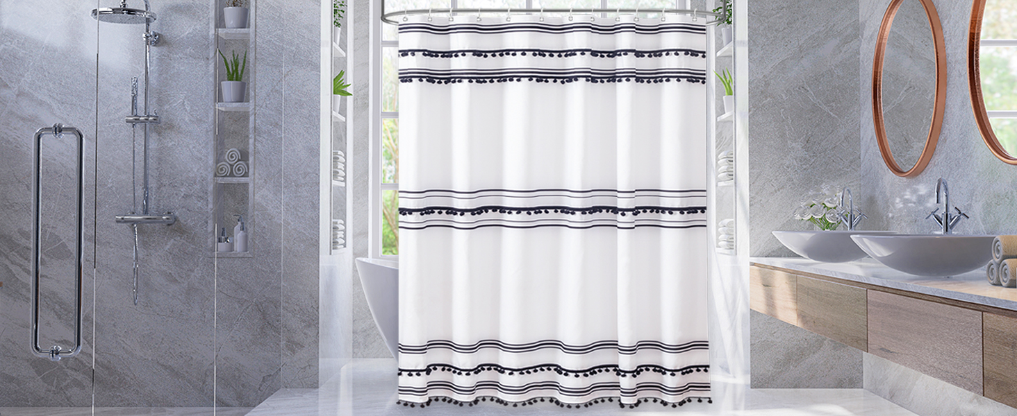 Amazon.com: GiuMsi 72"X72" Black and White Fabric Shower Curtain Sets with Boho Tassel Pendants ...