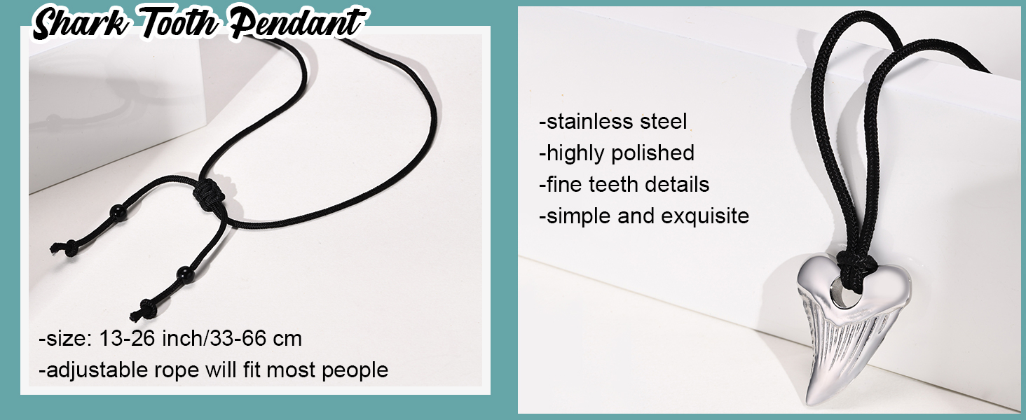 Shark Tooth Necklace for Men, Shark Teeth Stainless Steel Pendant Necklace, Cool Adjustable Rope ...