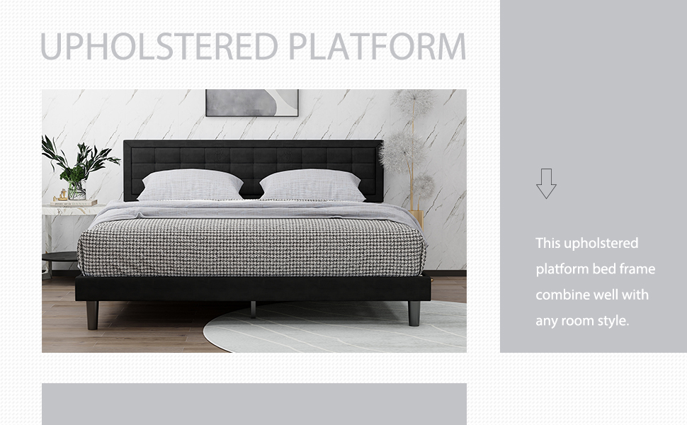 Tuconia Queen Size Bed Frame Linen Upholstered Platform with Adjustable Headboard Wood Slats ...