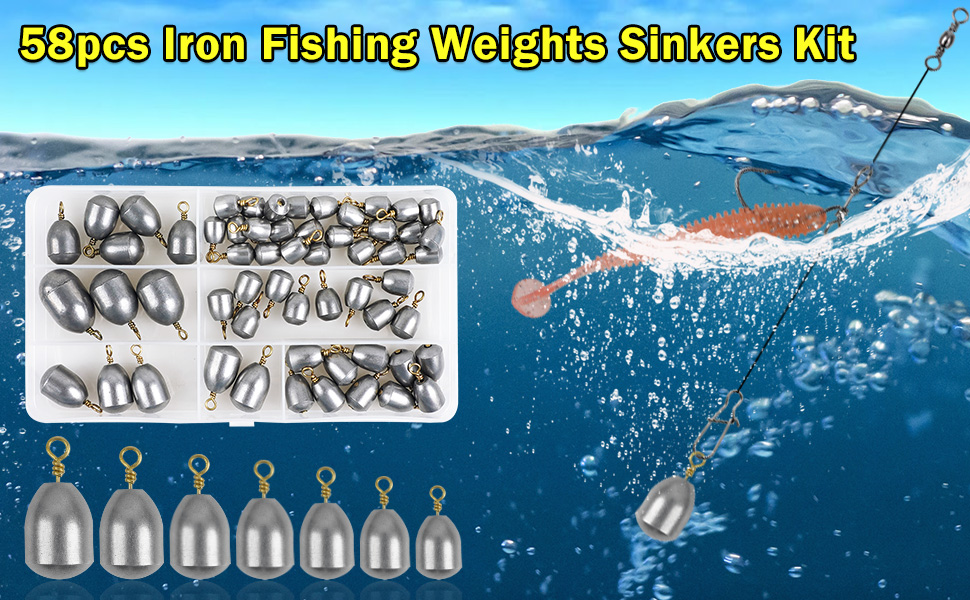 Fishing Weights Sinkers Kit, 58pcs Iron Fishing Weights Assortment Bass Casting Sinker Weight ...