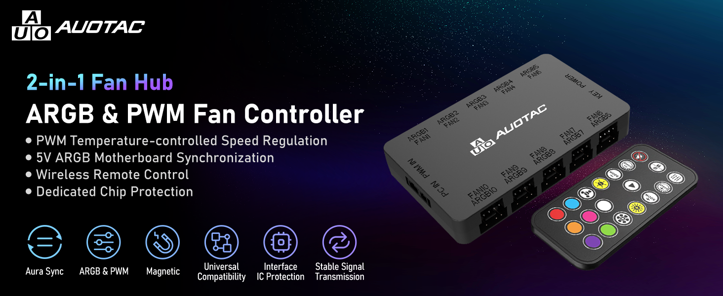 Amazon.com: Auotac ARGB Controller PWM Fan Hub with RF Remote, (Connect Ten Case Fans, 5V 3Pin ...