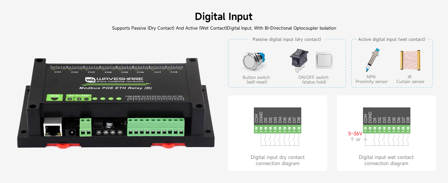 Amazon.com: Waveshare 8-Ch Ethernet Relay Module (B) with Digital Input, Modbus RTU/Modbus TCP ...