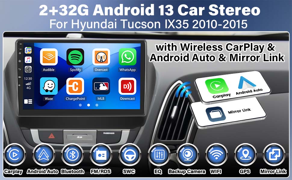 2+32G Android 13 Autoradio pour Hyundai Tucson IX35 2010-2015 avec CarPlay Android Auto sans Fil ...
