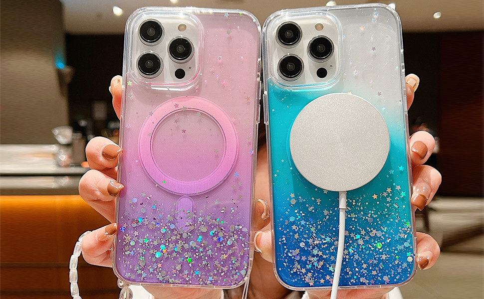 Amazon.com: Casus Magnetic Clear Glitter Designed for iPhone 14 Pro Max Case Wrist Strap Bling ...