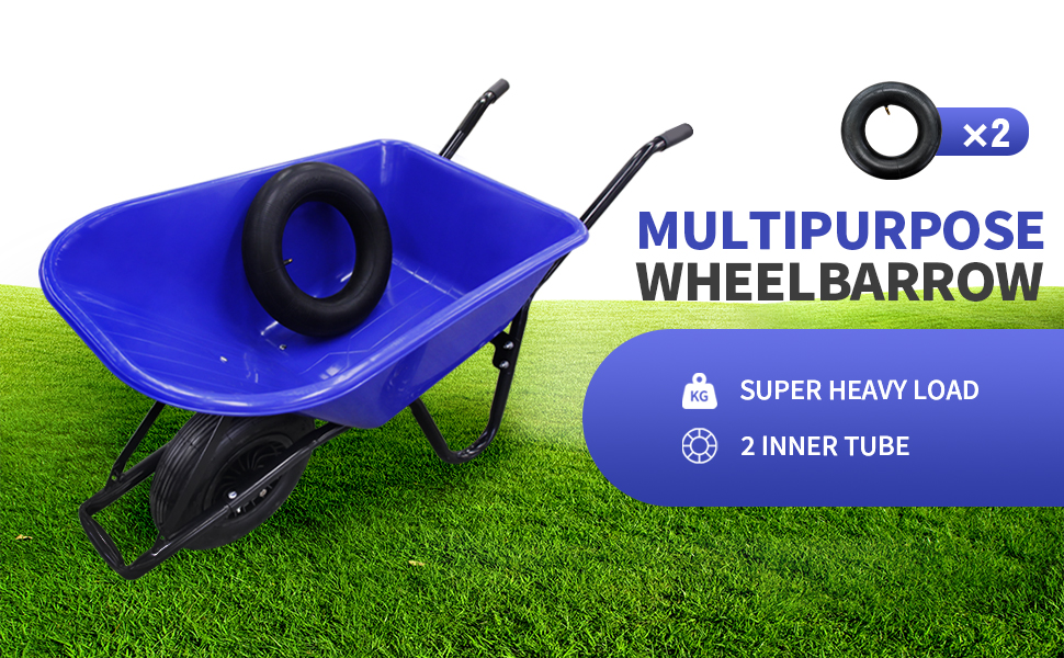 X-COTEC Wheelbarrow 90L 180KG with 2 Inner Tube Heavy Duty Toughened Plastic Tray Home Garden ...