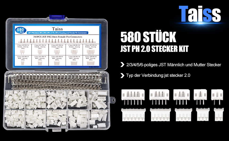 Taiss 580 Stück JST PH 2.0 Stecker Kit 2/3/4/5/6-poliges JST Adapter Männlich und Mutter Stecker ...