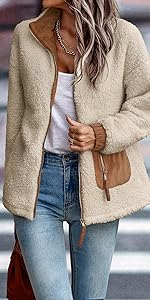 Women's Fleece Sherpa Faux Fur Jacket Long Sleeve Zipper Warm Winter ...