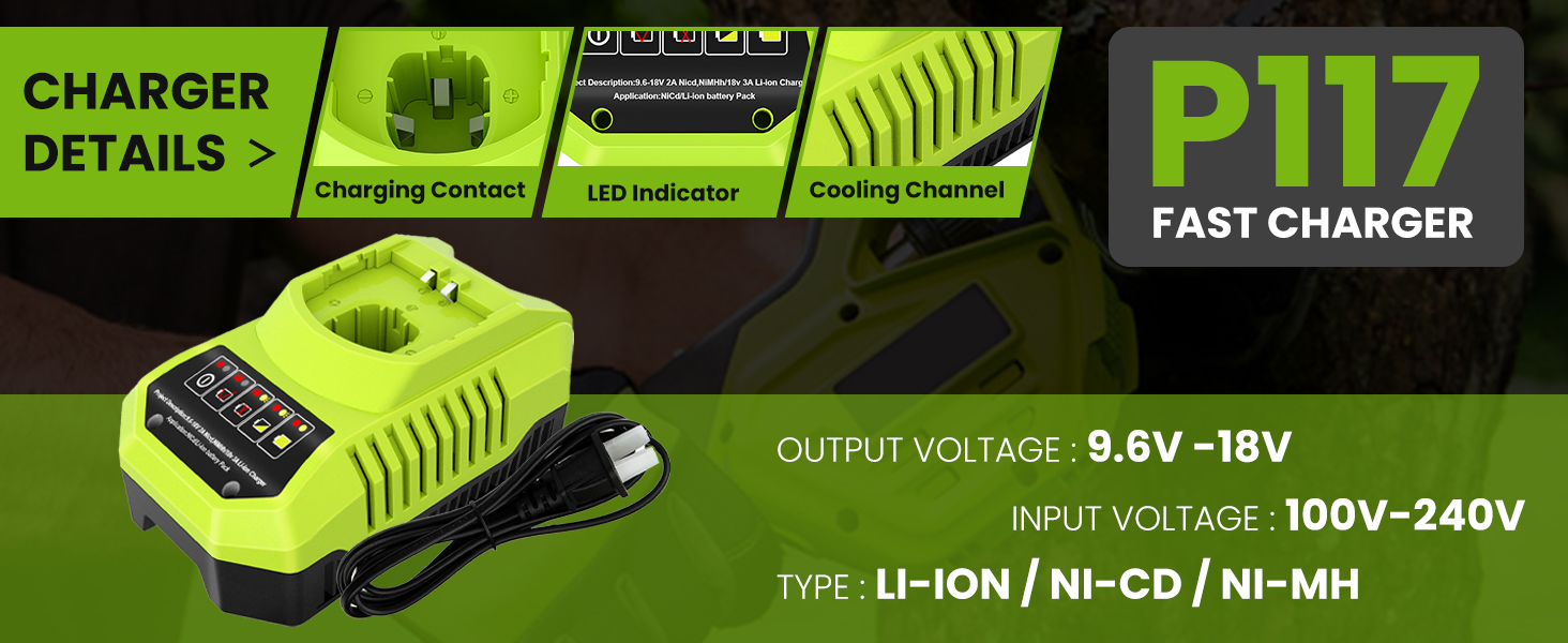 2PACK 3.6Ah Lithium Battery Replacement for Ryobi 18V Battery and P117 Charger Combo Compatible ...