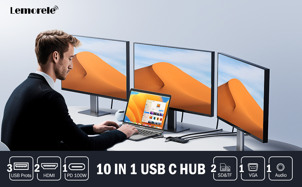 Docking Station Usb C Hub 3 Display 11 In 1 Lemorele Usb C Dock 2 Hdmi Adapter 4k 3 Usb 3 0 2