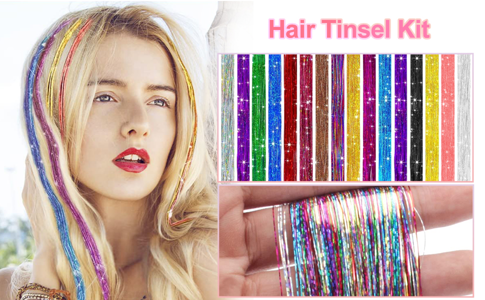 Amazon.com : Hair Tinsel Kit (48 Inch,16 Colors,4800 Strands,1 Plier,2 hair clips,1 threader,200 ...