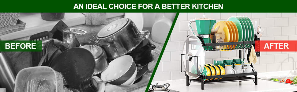 Amazon.com - GAOKASE Dish Drying Rack with Drainboard, 2-Tier Black Dish Racks for Kitchen ...