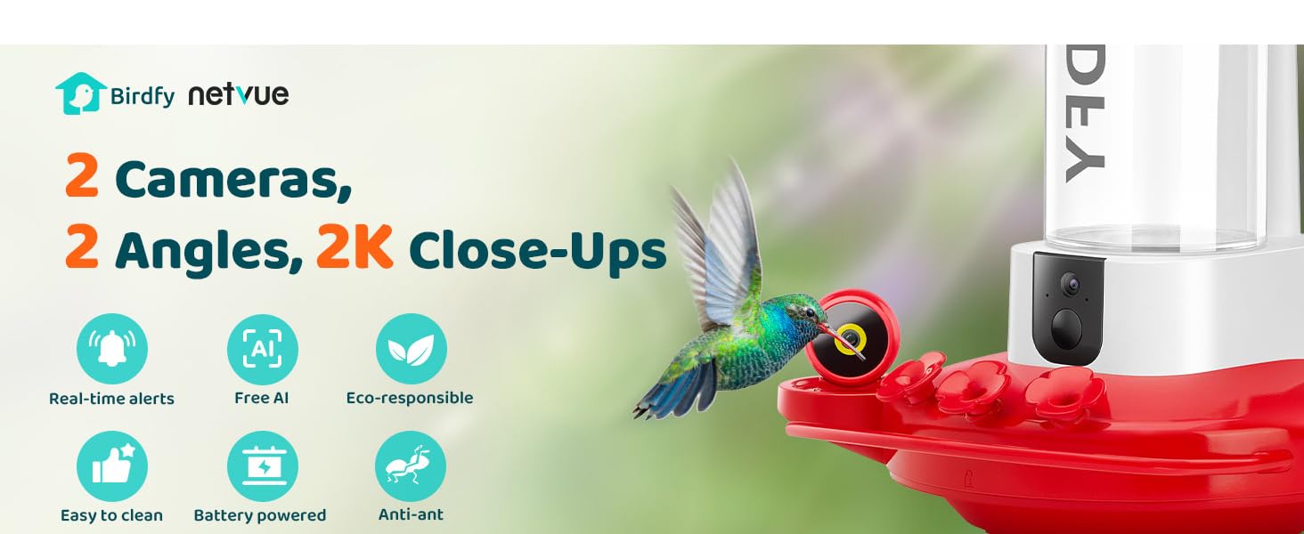 Amazon.com : NETVUE Birdfy Hummingbird Feeder with Camera - 2K Dual Smart Cameras, Close-Up Bird ...