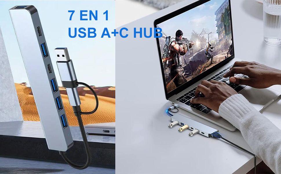 Hub USB C 3.0 7 en1, Adaptador USB a Tipo C Multipuerto con 1 Puerto USB 3.0, 4 Puertos USB 2.0 ...