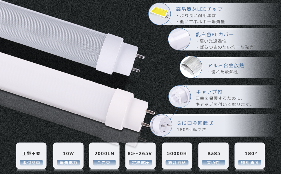 Amazon | 全工事不要 LED蛍光灯 20W形 直管 580mm 昼光色 6000K 一番明るい グロー式 ラピッド インバーター式 消費電力10W 2000lm 58cm G13 20 ...