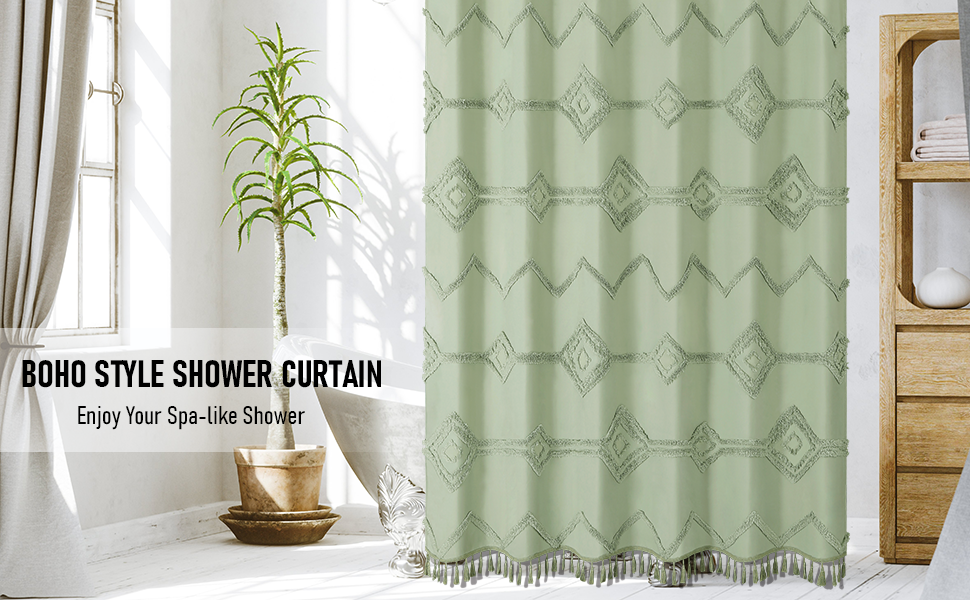Amazon.com: Dynamene Sage Green Fabric Shower Curtain, Boho Farmhouse Tufted Geometric Striped ...
