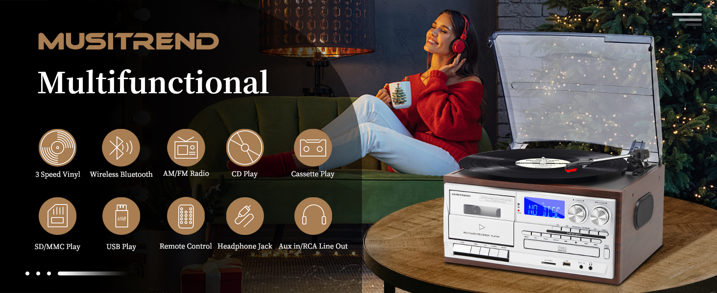 Amazon.com: MUSITREND Record Player 9 in 1 3 Speed Bluetooth Vintage ...