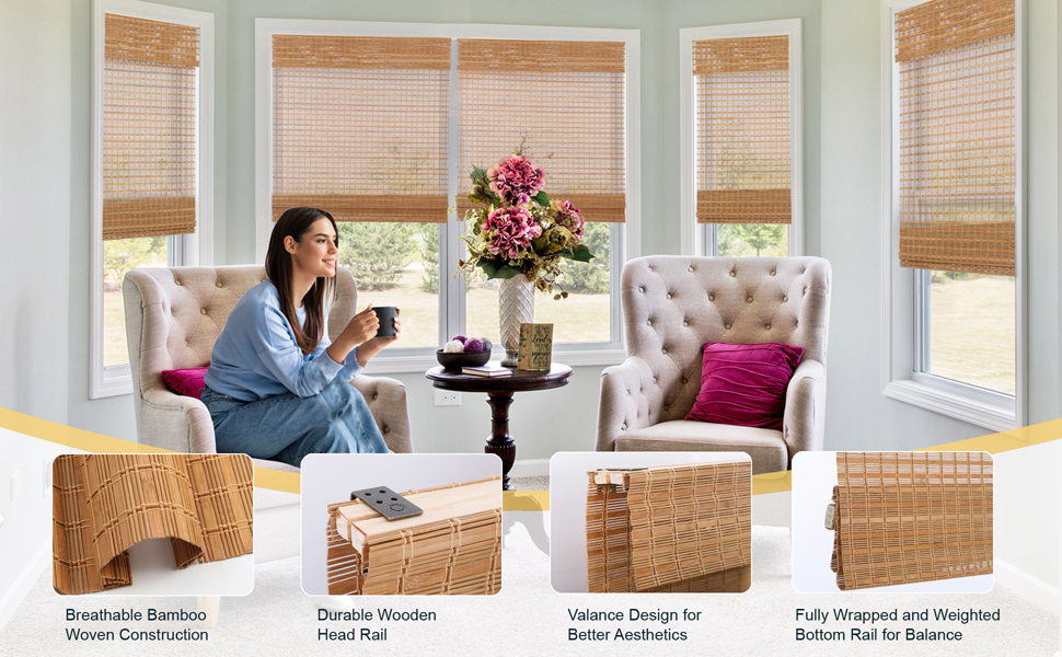 Amazon.com: LANTIME Cordless Wood Window Blinds, Bamboo Sheer Light ...